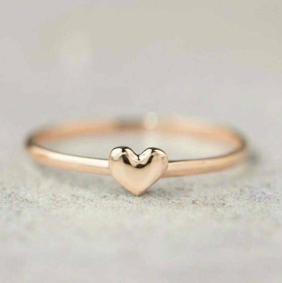14K Solid Gold Heart Ring Minimalist Dainty Ring Band Heart Ring ...