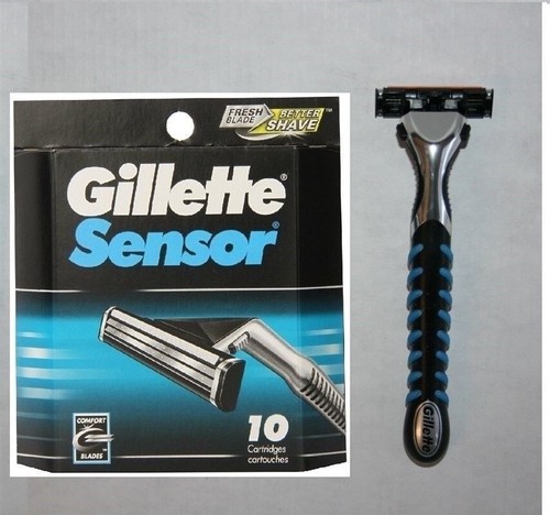 10 Gillette Sensor Razor Blades Cartridges Refills Shaver Handle Fit ...