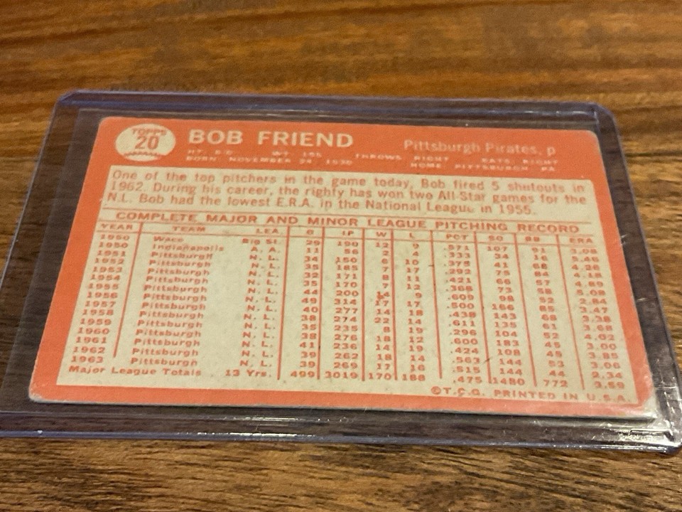 1964 Topps Bob Friend Pittsburgh Pirates #20 Baseball Card VG | eBay
