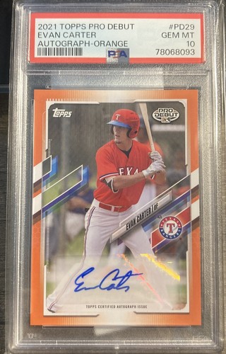 2021 Topps Pro Debut Evan Carter Auto ORANGE #/25 Rangers RC #PD29 PSA ...