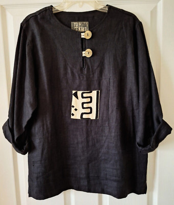 Joy Burton My Tribe Artsy Pull Over Black Linen Blouse Womens Med | eBay