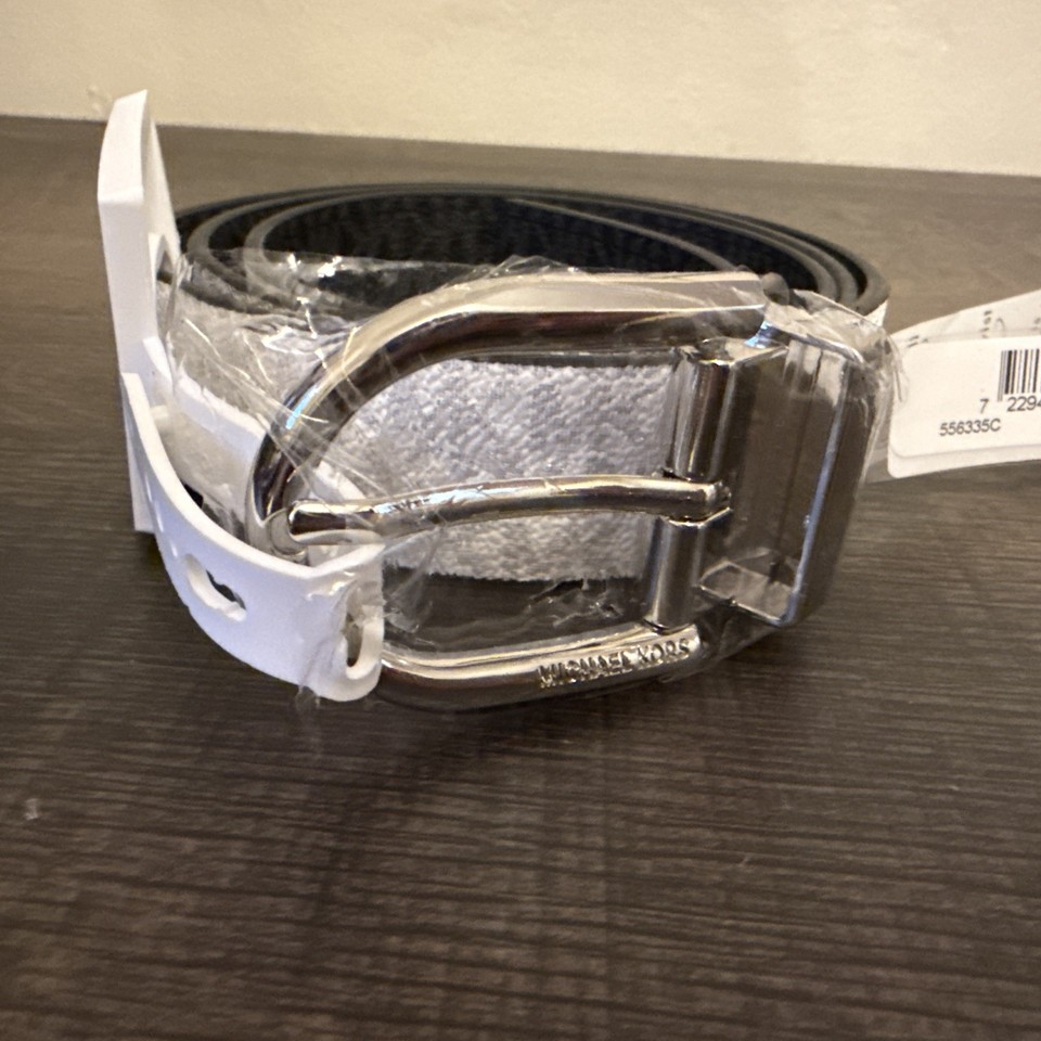 AUTHENTIC MICHAEL KORS REVERSIBLE BELT WH & BLK W/MK LOGO SILVER BUCKLE ...