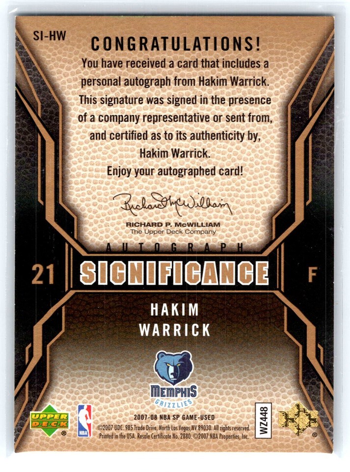 Hakim Warrick 2007-08 SP Game Used #SI-HW Auto SIGnificance | eBay