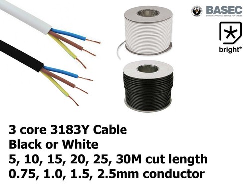 PVC Flexible Cable 3 core 3183Y Black White 0.75, 1, 1.5, 2.5MM 6A 10A ...