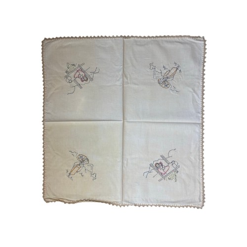 6 Vintage Hand Embroidered Mantle Cloth Handkerchief Hearts Linen Lot ...