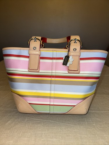 Coach 4435 Daisy Striped & Tan Leather Trim Satchel Shoulder Bag Double ...