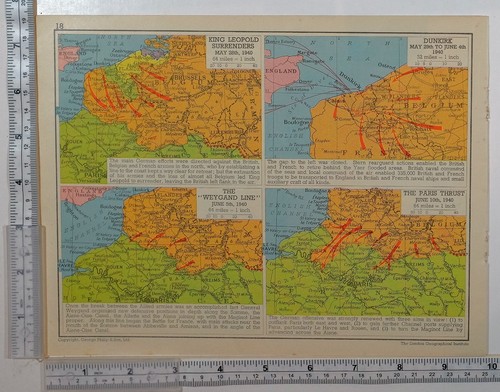 1941 WW2 MAP KING LEOPOLD SURRENDER BELGIUM WEYGAND LINE ~ PARIS THRUST ...
