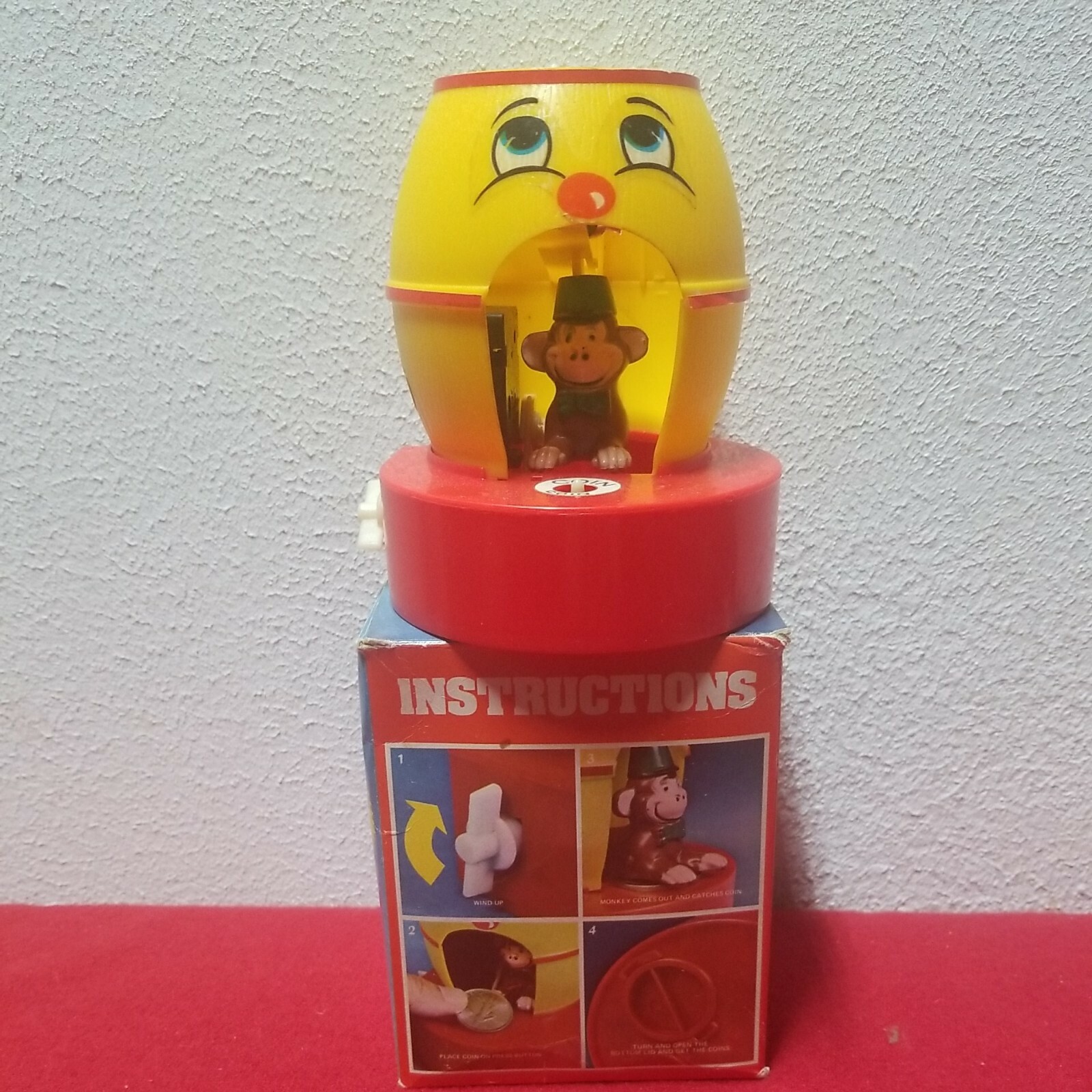 Vintage Yellow Monkey Barrel Wind Up Coin Savings Bank Circus ...