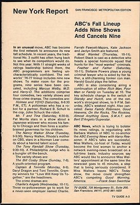 1976 TV ARTICLE~ABC NEW FALL LINEUP~CHARLIES ANGELS~FARRAH FAWCETT~KATE ...