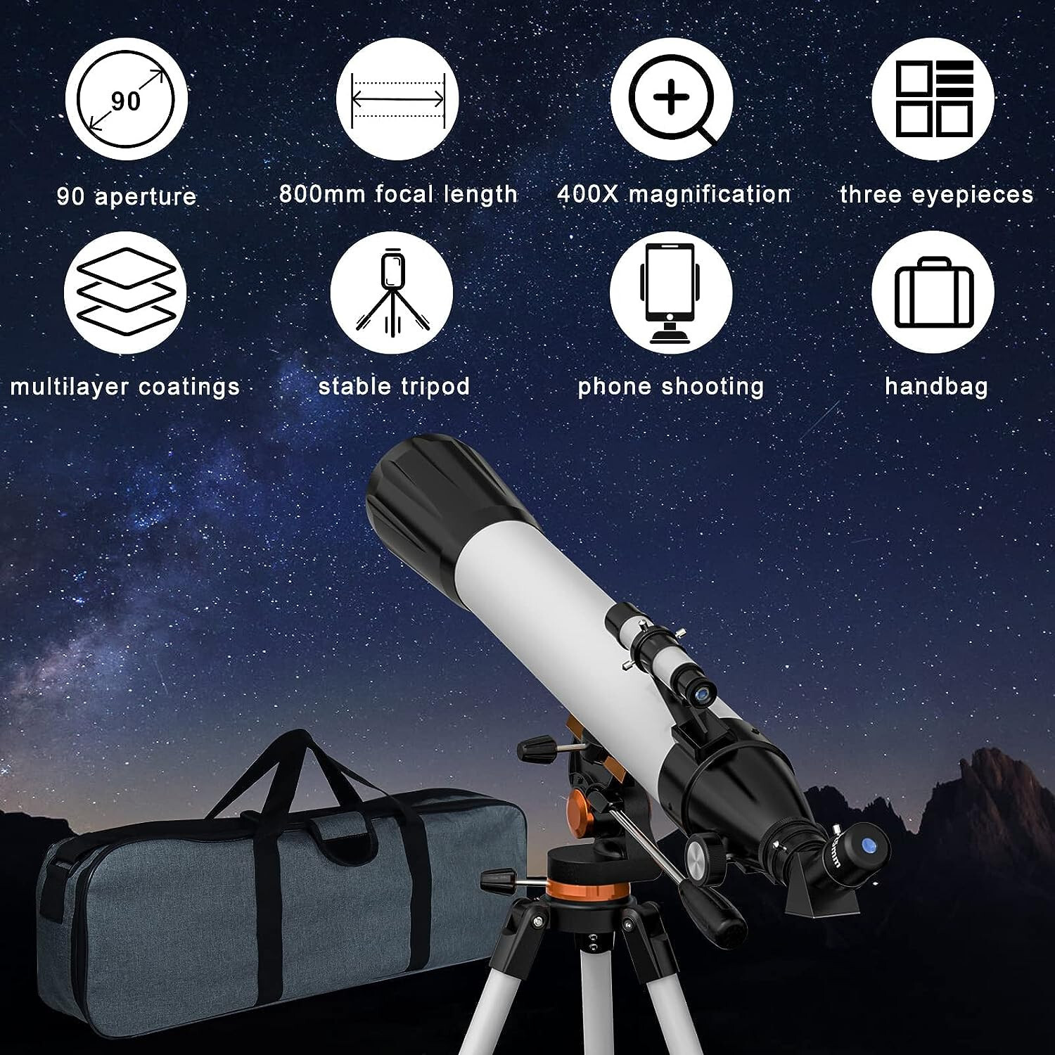 ABOTEC Telescope for Adults Astronomy, 90mm Aperture 800mm Refractor Beginners 797439072318 | eBay
