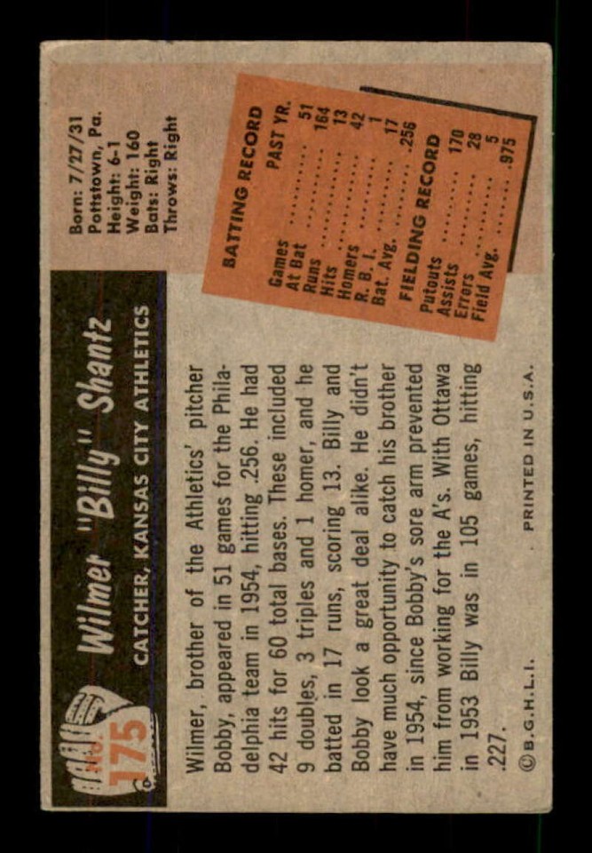 1955 Bowman #175 Billy Shantz GVG RC Rookie Athletics 555858 | eBay