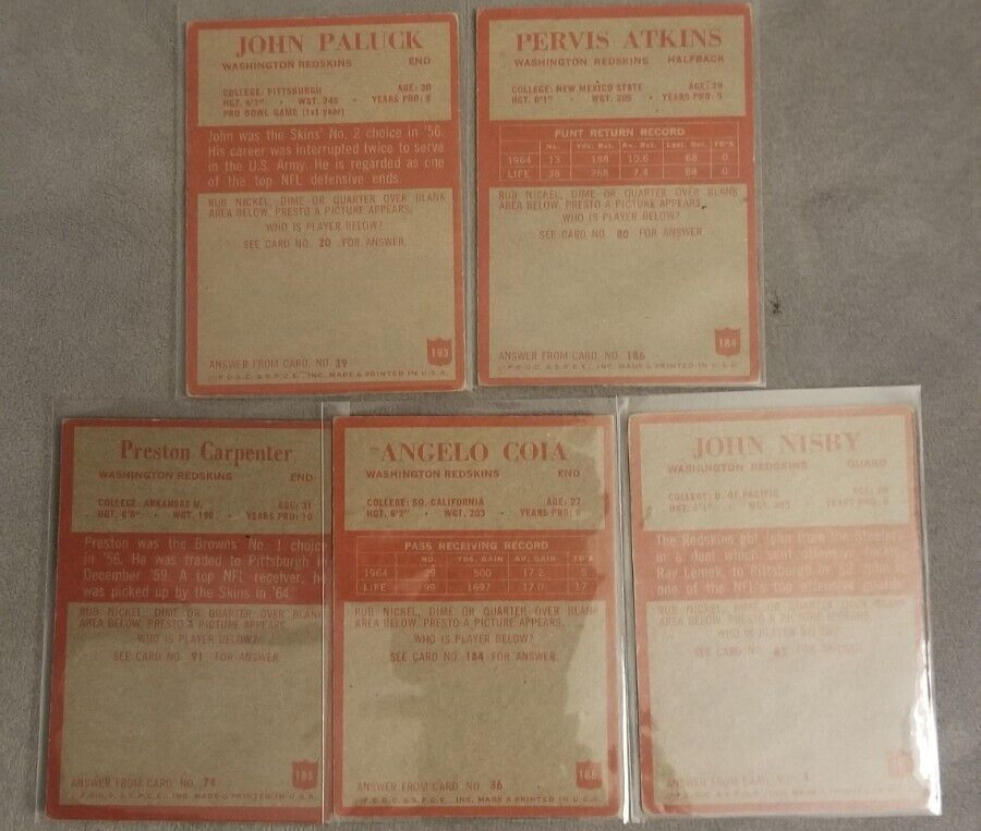 1965 Philadelphia Football Lot of 5, WASHINGTON REDSKINS cards | eBay