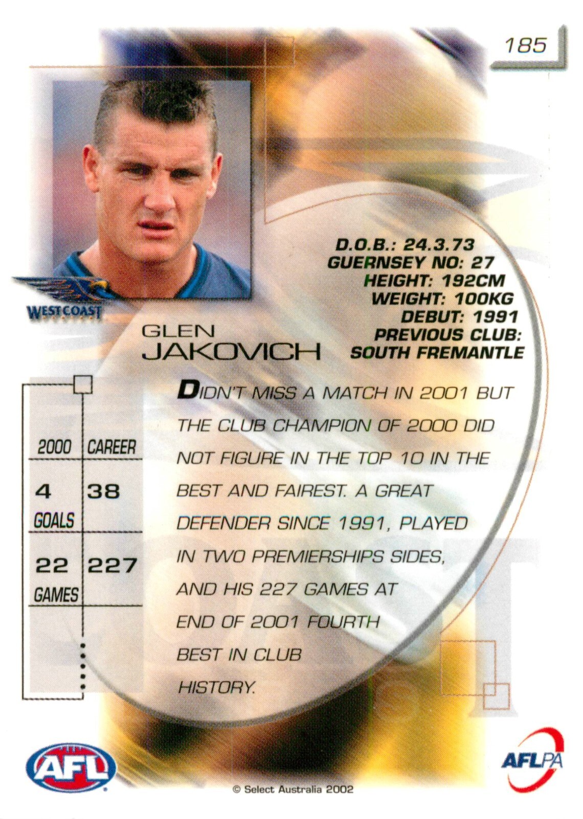 New 2002 WEST COAST EAGLES AFL Card GLEN JAKOVICH Exclusive | eBay
