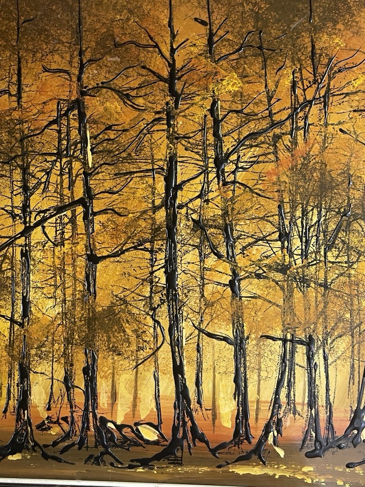 Large MCM Drip Painting Forest On Orange Background Signed Galate 34x45 ...
