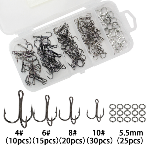 100pcs Treble Fishing Hooks Black High Carbon Steel Treble Hook with ...