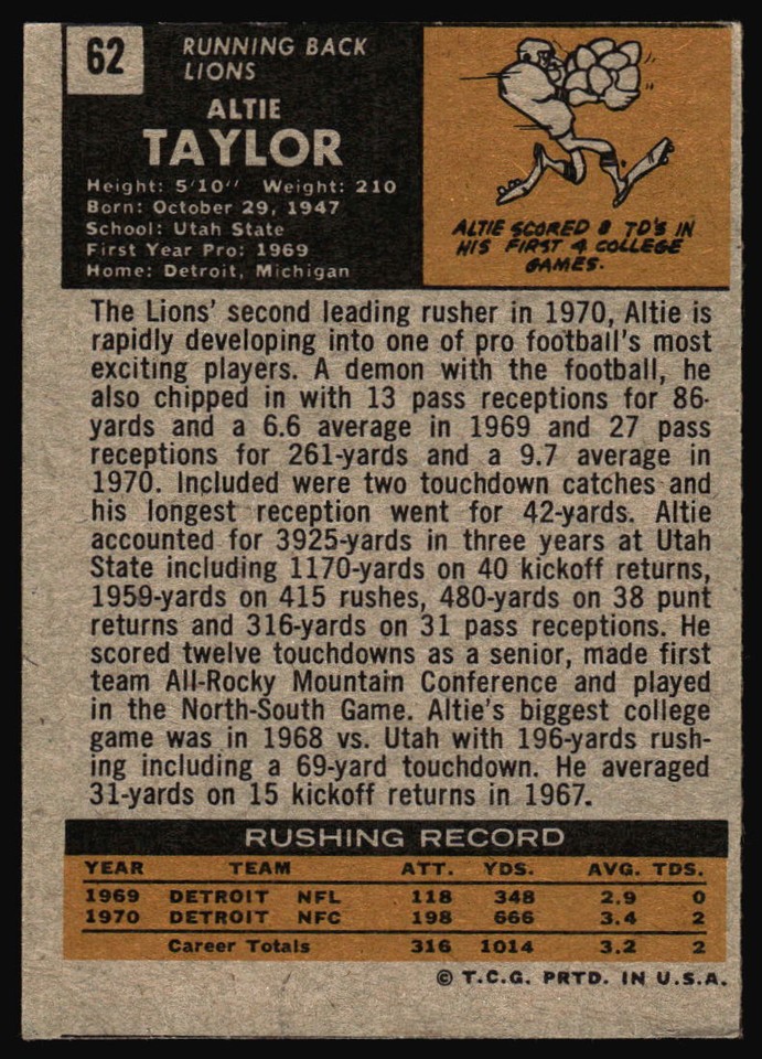 1971 Topps Altie Taylor Rookie #62 Detroit Lions | eBay
