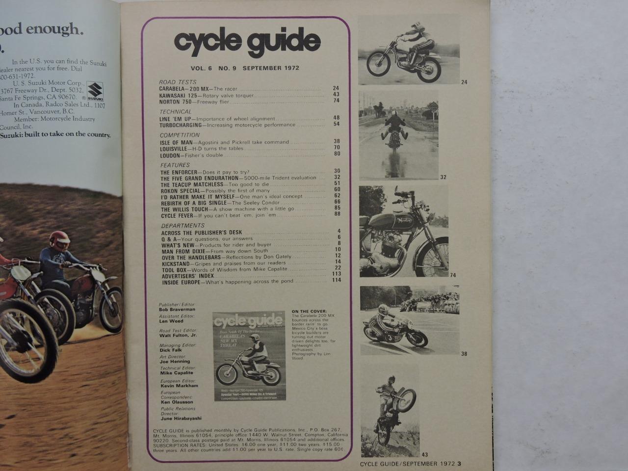 Cycle Guide Magazine September 1972 Norton 750 Kawasaki 125 Carabela MX ...