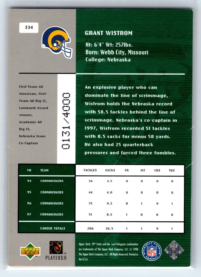 Grant Wistrom 1998 SPx Finite RC,SN St. Louis Rams #334 | eBay
