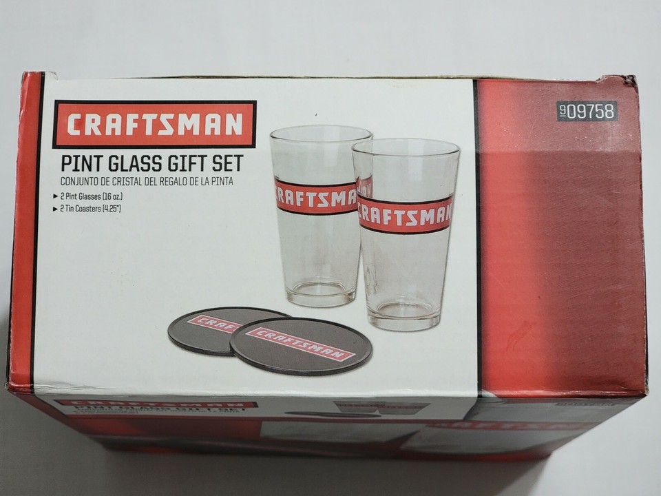 NEW SEARS CRAFTSMAN PINT GLASS GIFT SET 2 GLASS 16 OZ TUMBLERS W/ TIN ...