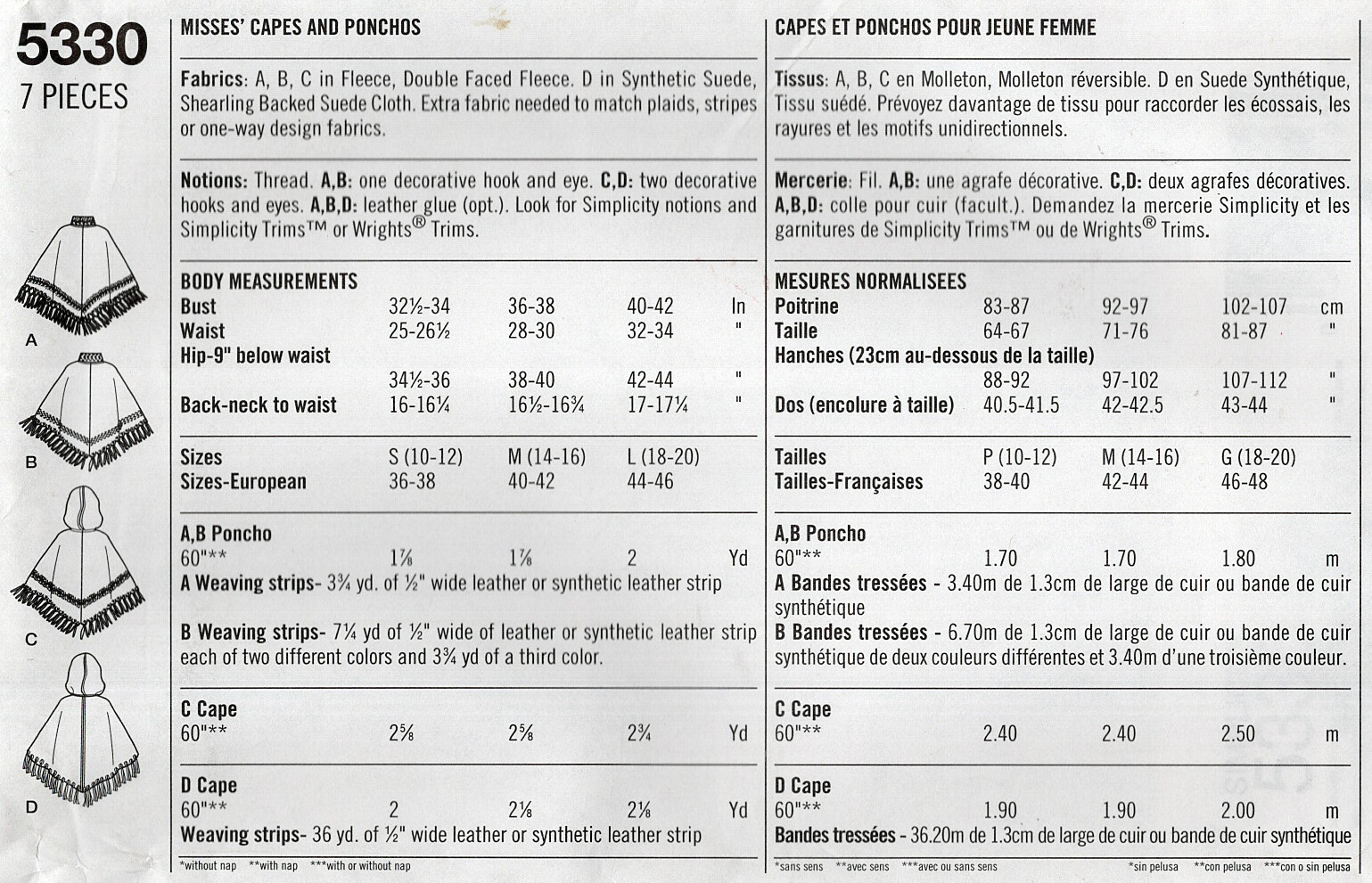 Simplicity 5330 Fringed Ponchos in 4 Styles, Hoodie Option Sz 10-20 UC ...