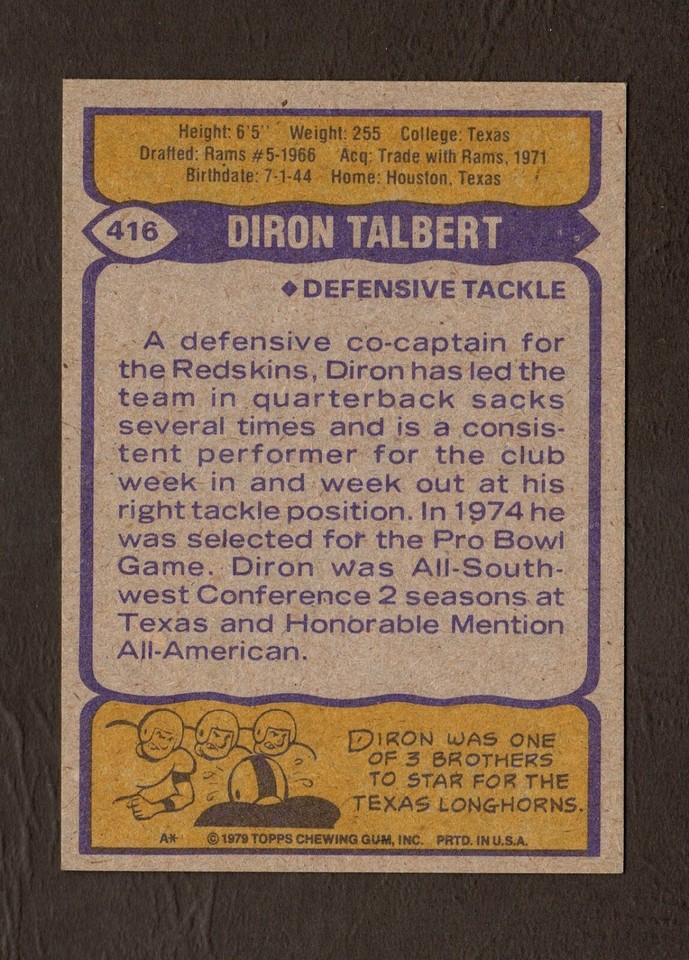 1979 Topps Football Card #416 Diron Talbert - Washington Redskins | eBay