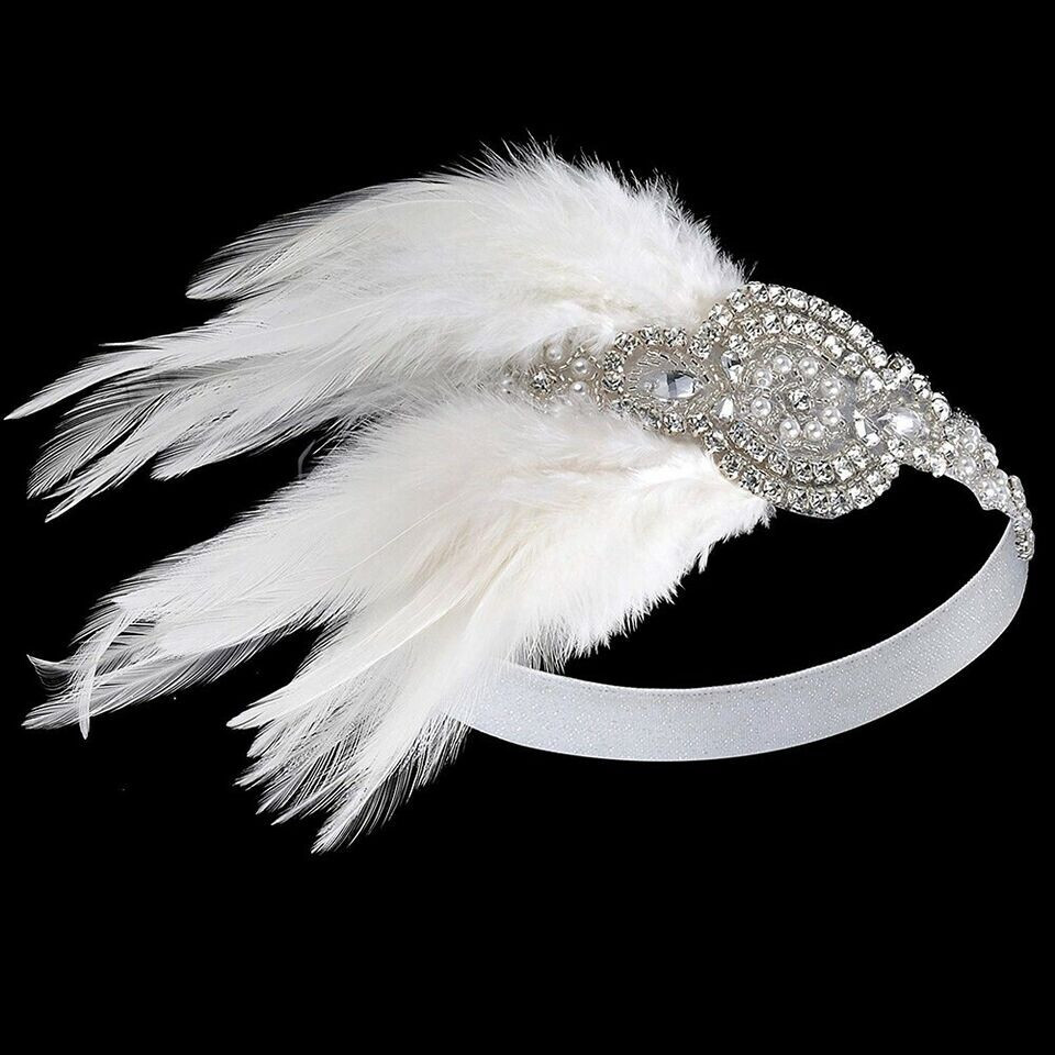 White Silver Flapper Headband Roaring 20s Great Gatsby feather hair ...
