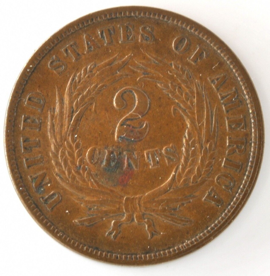 1867 Shield Two Cents US Bronze Coin Philadelphia Mint Post Civil War ...