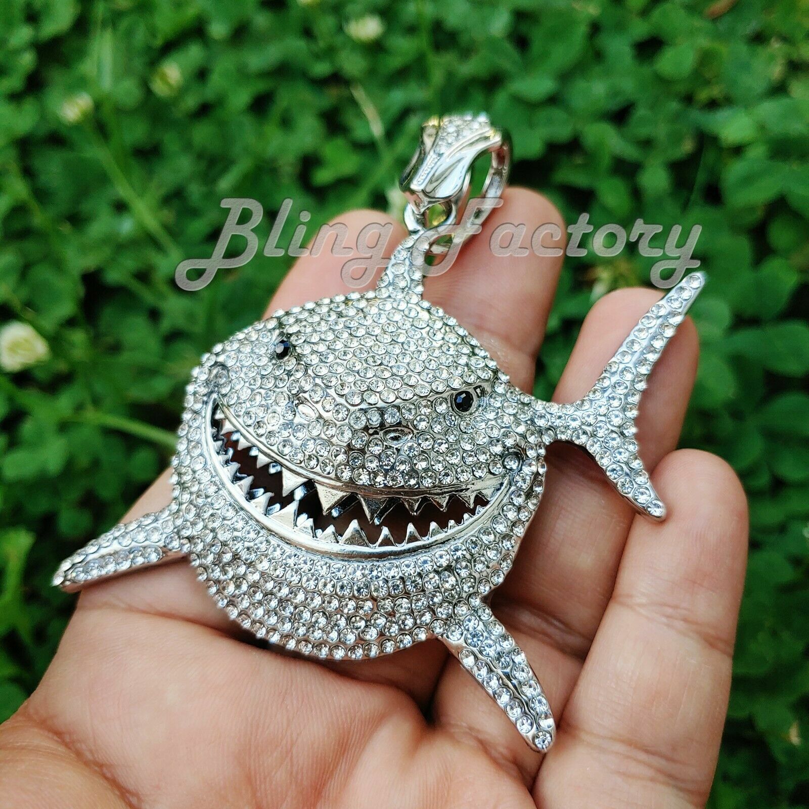 6ix9ine Iced Silver PT Shark Large Pendant & 18" Byzantine Choker Chain ...