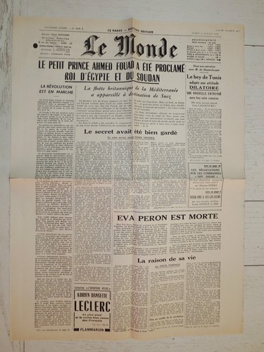 FAC-SIMILE A LA UNE JOURNAL LE MONDE 29/07 1952 MORT EVITA EVA PERON ...