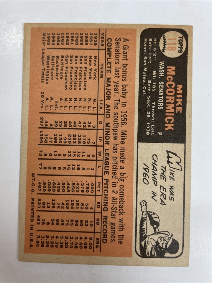 Mike McCormick Autographed 1966 Topps Card #118 Washington Senators A ...