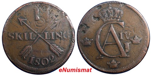 Sweden Copper 1802 1 Skilling Overstruck on 2 Ore S.M.(1743-1768) KM ...