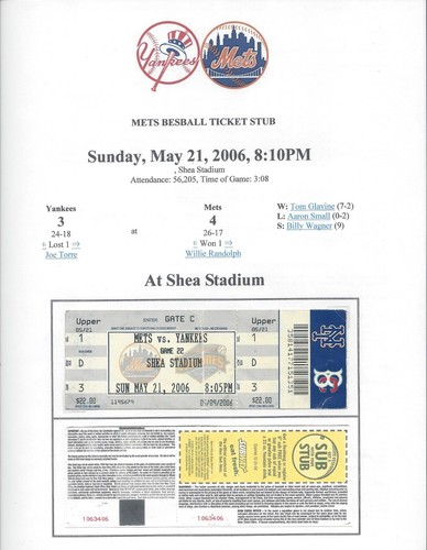 BASEBALL NEW YORK METS VS YANKEES NY MAY 21 2006 SHEA STADIUM TICKET ...
