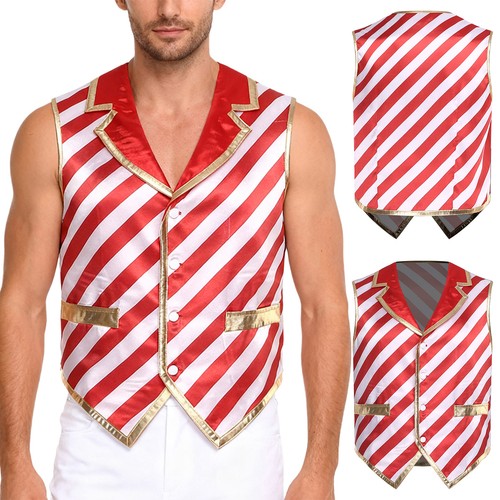 Men Lapel Collar Shiny Disco Holiday Waistcoat Striped Print Candy Cane ...
