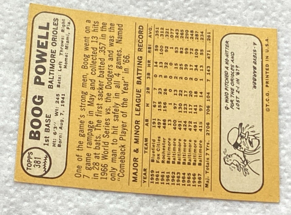 Topps Boog Powell #381 1968 Baltimore Orioles Major League Baseball ...