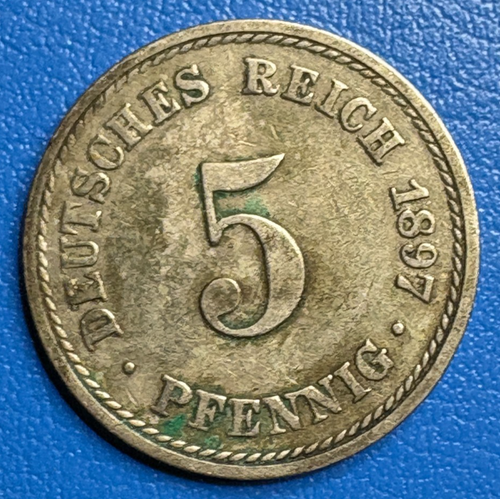 1897 German Empire 5 Pfennig copper-nickel coin minted in Berlin (A ...