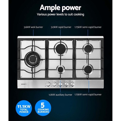 Devanti Gas Cooktop 90cm Kitchen Stove Cooker 5 Burner Stainless Steel ...