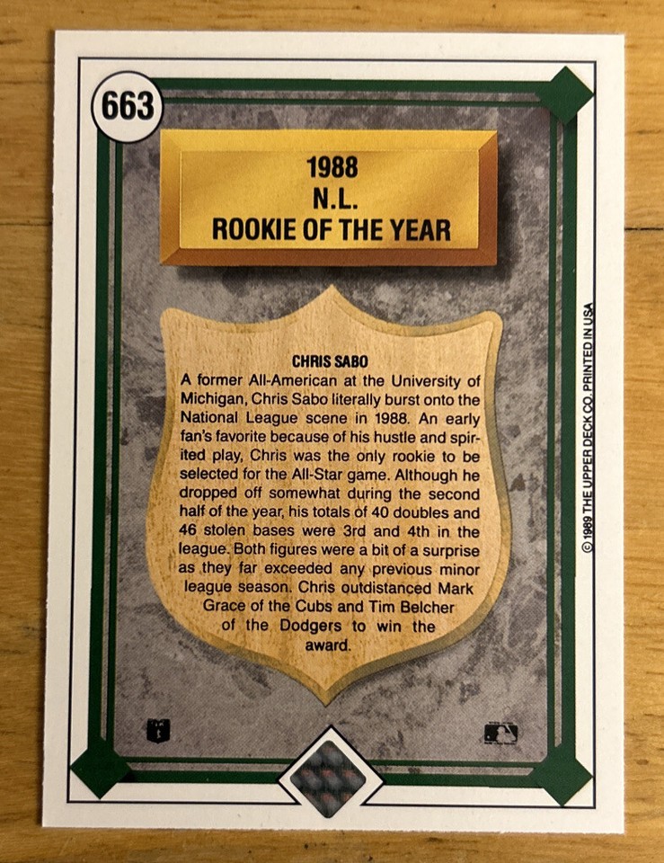 1989 Upper Deck Chris Sabo NL Rookie Of The Year (RC) 663 Reds High ...