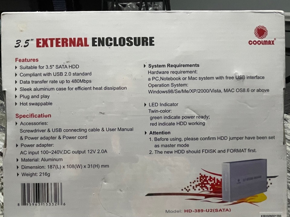 COOLMAX 3.5" EXTERNAL ALUMINUM HARD DRIVE ENCLOSURE HD-389-UD (SATA) - NEW | eBay