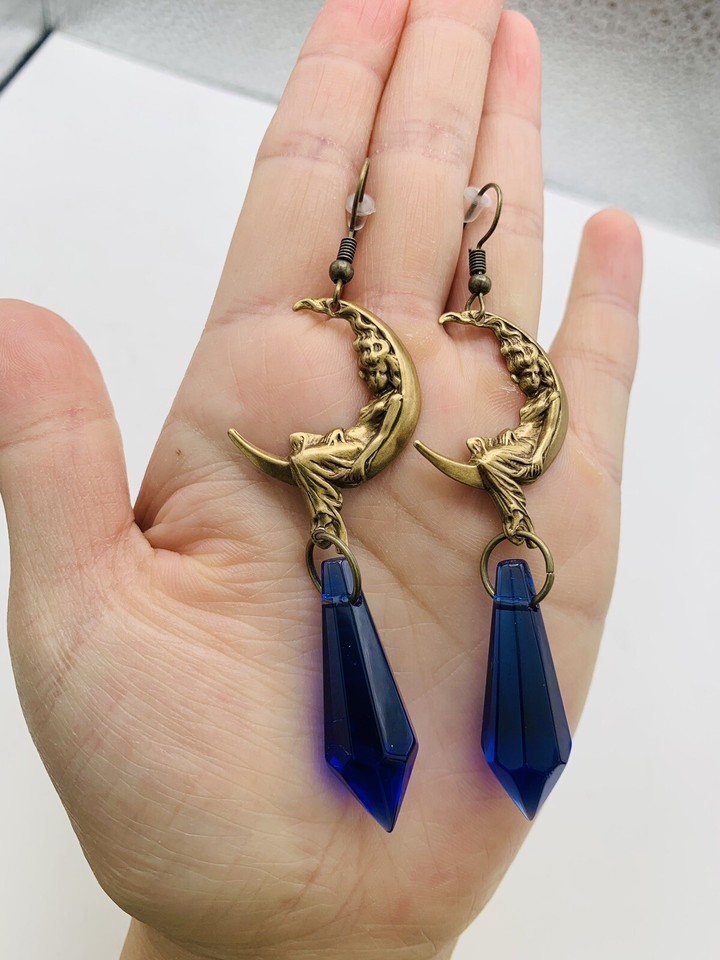 Art Nouveau Style Bronze Tone Crescent Moon Goddess Blue Drop-down Hook ...