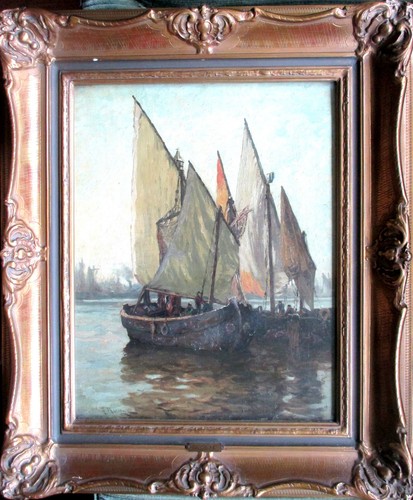 Julius Friedrich Runge Ölbild Segelboote vor dem Hafen SIGNIERT ...