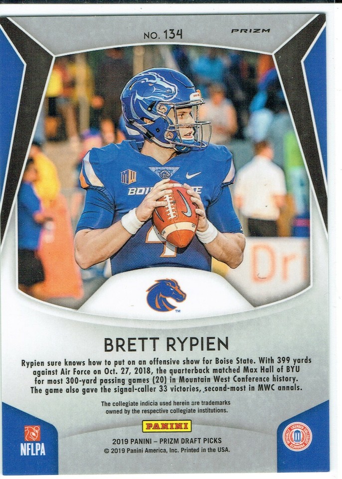 Brett Rypien 2019 Panini Prizm Draft Picks Blue Refractor #134 RC Boise ...