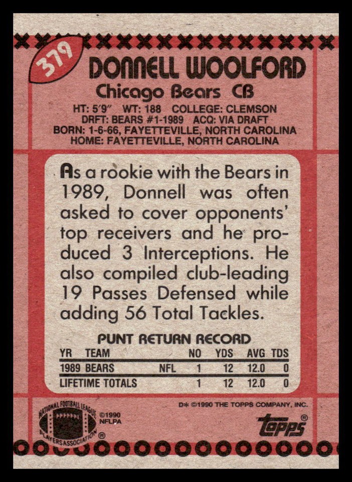 1990 Topps Donnell Woolford #379 Chicago Bears Football Card | eBay