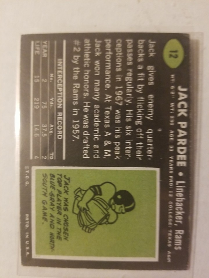 1969 Topps Football Card - #12 Jack Pardee - Los Angeles Rams - Ex ...