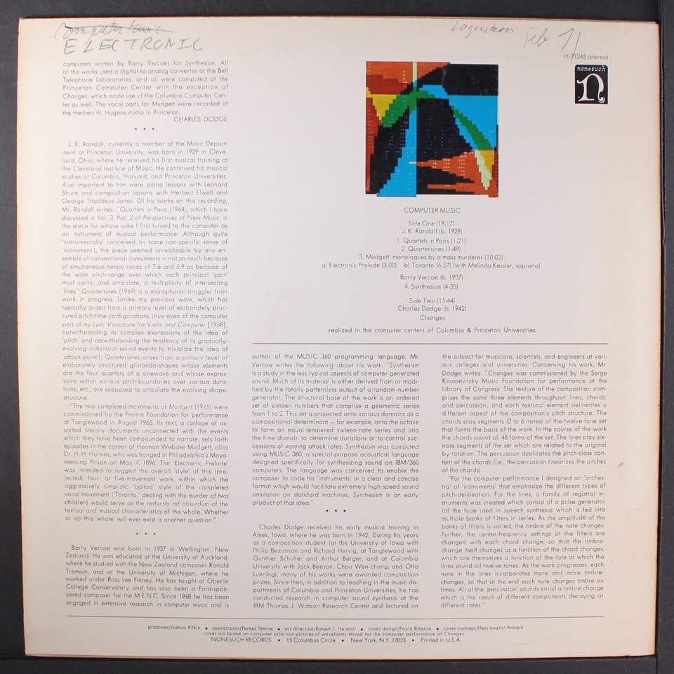 J.K. RANDALL, BARRY VERCOE, CHARLES DODGE: computer music NONESUCH 12 ...