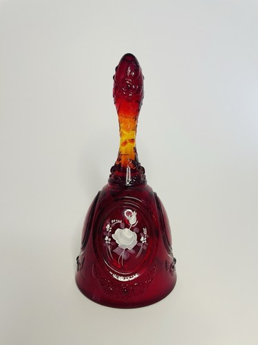 VTG Fenton Ruby Red Amberina Cadmium Glow Rose Floral Bell Hand Painted ...
