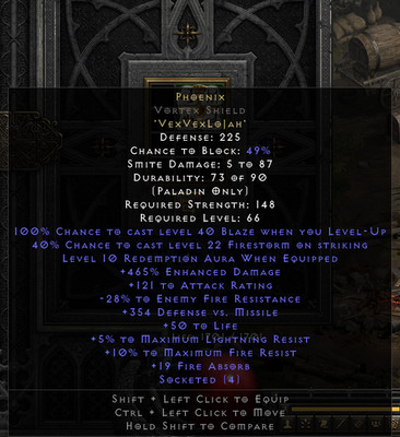 Phoenix Vortex Shield 465% ED/121 AR Melee Non Ladder Diablo 2 ...