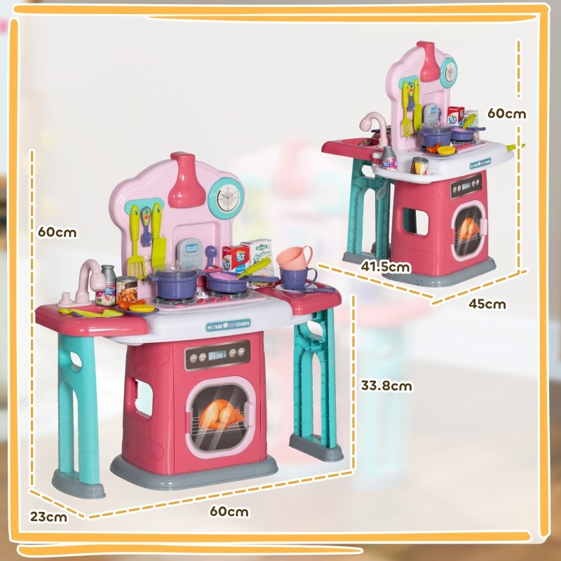 45-Piece Kids Kitchen, Toy Kitchen, With Rotating Side Tables, Lights ...