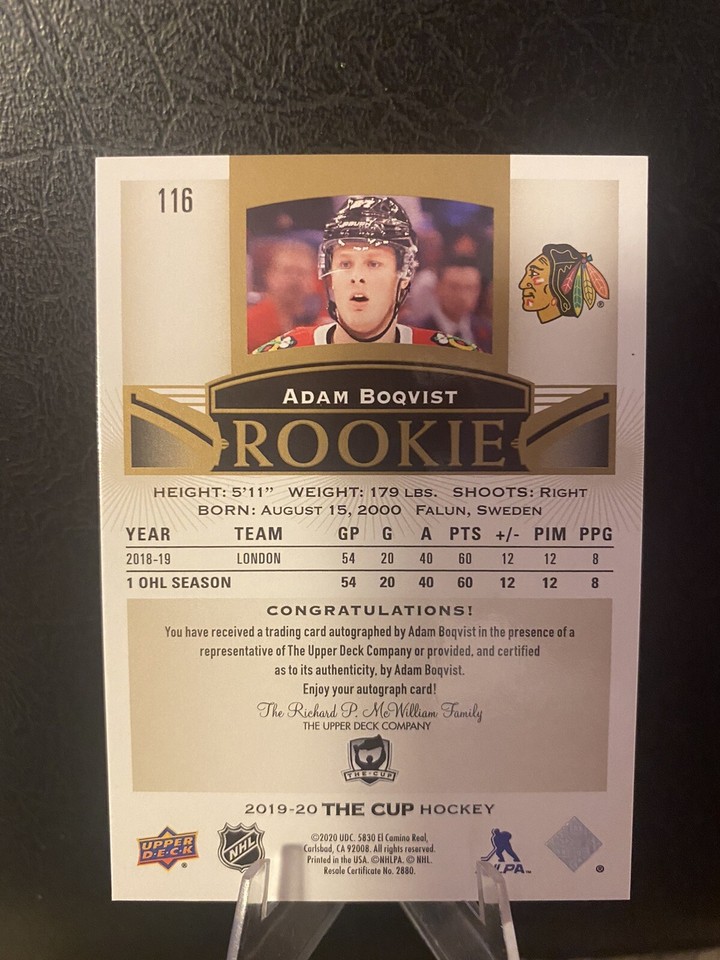 2019-20 The Cup Adam Boqvist Rookie Gold Spectrum Foil Auto /36 | eBay