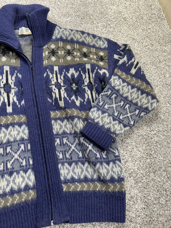 Vintage London Fog Sweater Mens XL Blue Fair Isle Knit Full Zip Ski USA ...