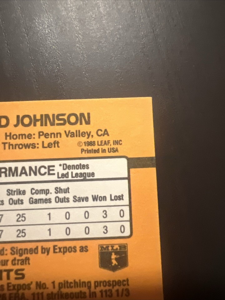 1989 Donruss - Rated Rookie #42 Randy Johnson Error Card | eBay